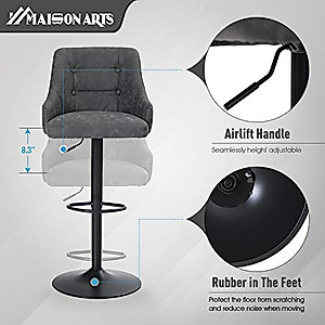 MAISON ARTS Swivel Adjustable Bar Stool with Back for Kitchen Counter Padded Counter Height Faux Leather Bar Chair with Heavy Duty Base for Pub Cafe Dining, 300LBS Weight Capacity, Grey, 1 Stool