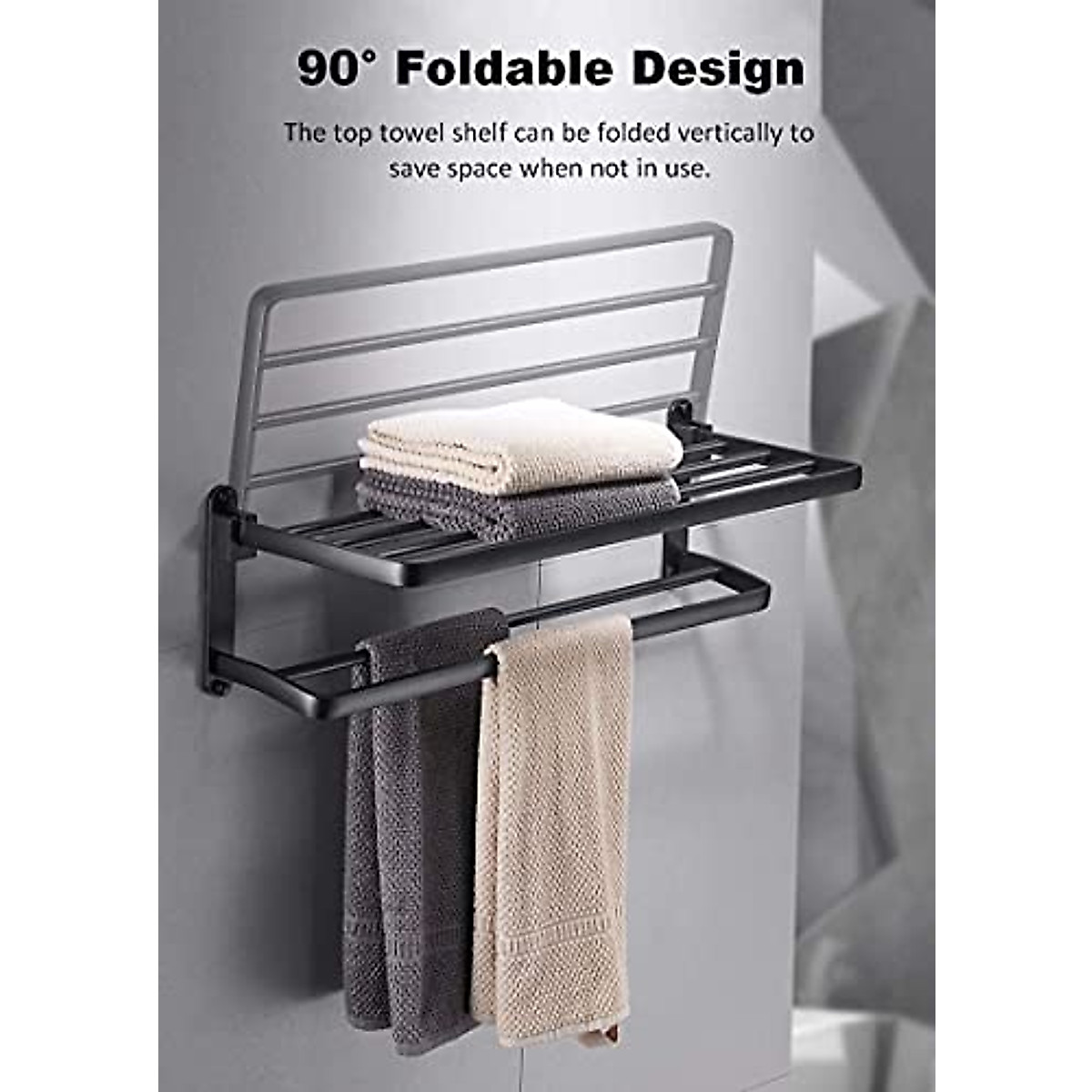 -Shelf Balcony Bathroom Towel Rack Holder,Foldable Towel Rack Alumibathroom Storage Shelf,Wall Mounted Floating Shelves with Towel Hooks and Towel Bar/60Cm(23.6Inch)