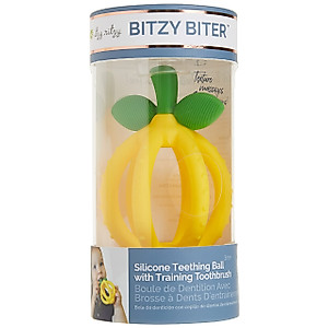 Itzy Ritzy Teething Ball & Training Toothbrush - Silicone, BPA-Free Bitzy Biter Clementine-Shaped Teething Toy Features Multiple Textures to Soothe Gums & an Easy-to-Hold Design (Clementine)