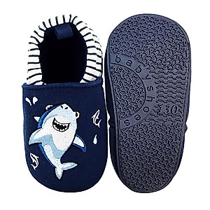 Timatego Toddler Baby Boys Girls Shoes Non Skid Slipper Sneaker Moccasins Infant First Walker House Walking Crib Shoes(6-24 Months) 01 Navy Shark, 12-18 Months Toddler