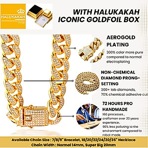 Halukakah Diamond Cuban Link 14MM,Gold Chain for Men Iced out Miami 18k Real Gold Plated Choker Necklace 16",Full Cz Diamond Cut Prong Set,with Giftbox