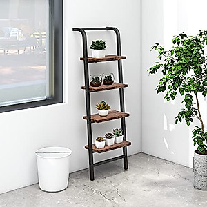 VERFARM 4-Tier Modern Ladder Shelf, Open Wall-Mounted Bookshelf with Stable Metal Frame, Storage Rack Shelves, Stand Bookcase for Home Office, Bedroom and Living Room, Black, Rustic Brown