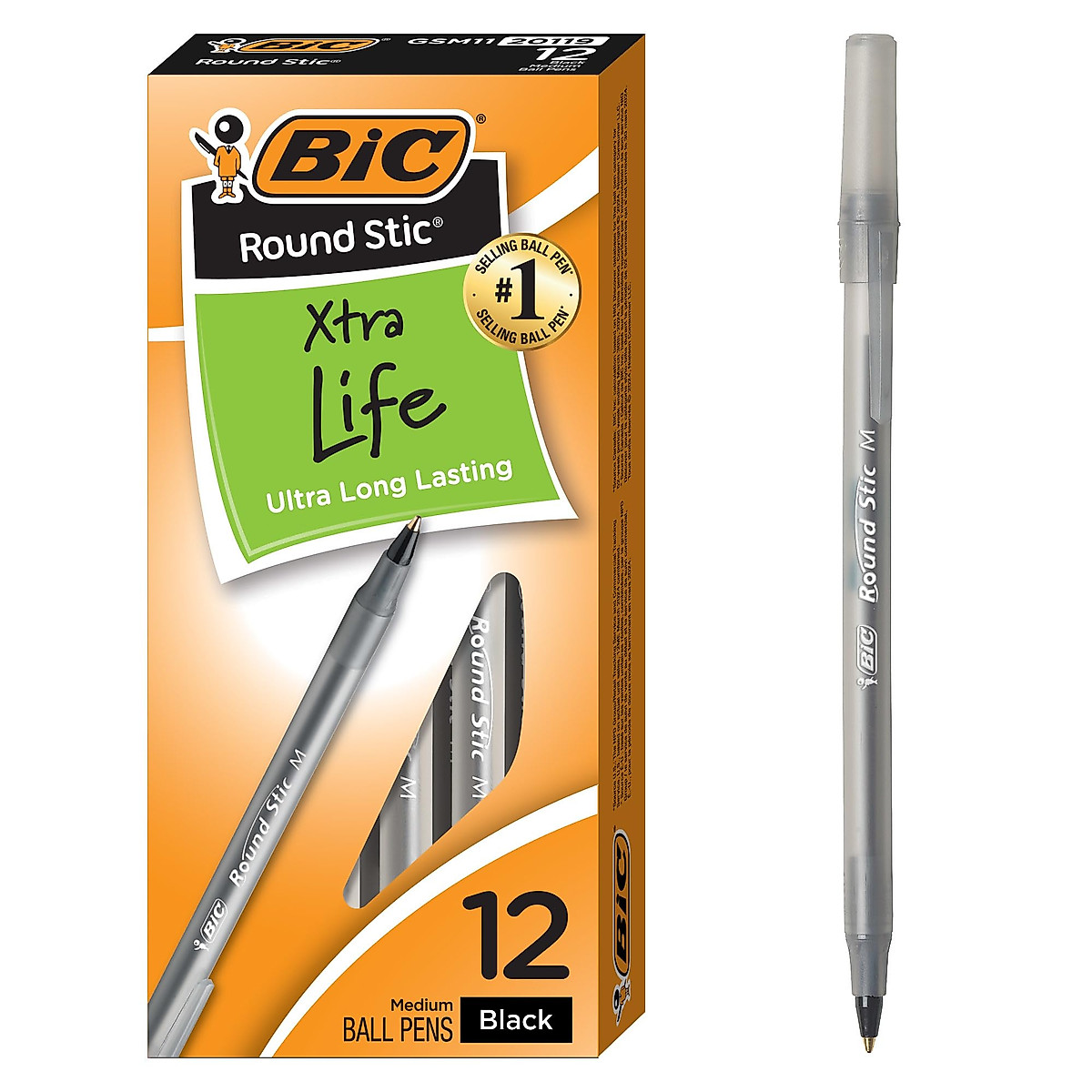 BIC Round Stic Xtra Life Ballpoint Pen, Medium Point (1.0mm), Black, 12-Count