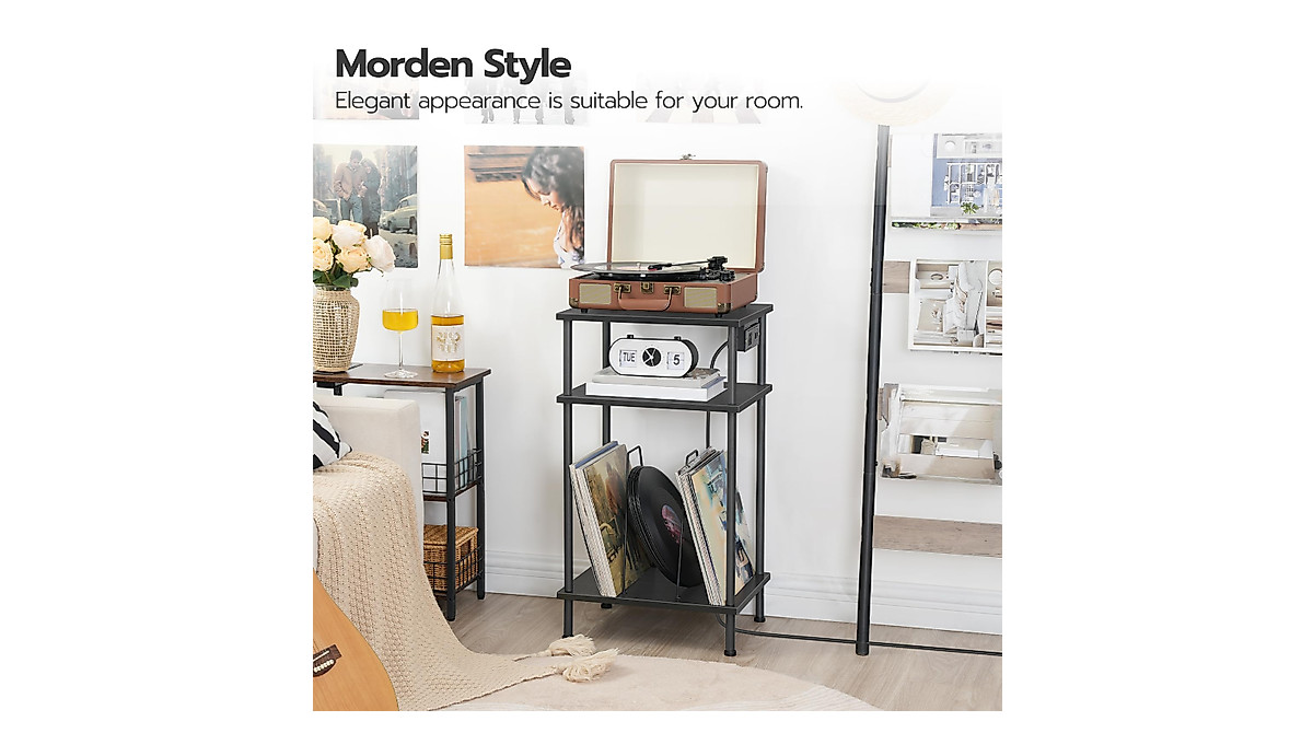 HOOBRO 3-Tier Record Player Stand, Vinyl Record Holder with Charging ...