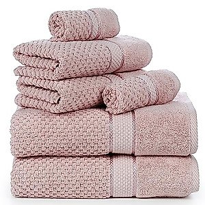 Ample Decor 100% Cotton 6 Pcs Bath Towel Set, Luxury Bath Towels for Bathroom - 2 Bath Towels, 2 Hand Towels, 2 Washcloths - Soft Pink