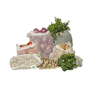 Reusable Cotton Mesh Produce Bags - 100% Organic Cotton, Durable, Double Stitched, Washable with Tare Weight & Drawstring - Mesh Bags for Grocery Shopping, Vegetables & Fruits | 6 Bags (2L, 2M, 2S)