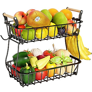 2 Tier Fruit Basket with 2 Banana Hangers, Countertop Fruit Vegetable Basket Bowl for Kitchen Counter Metal Wire Storage Basket Fruits Stand Holder Organizer for Bread Snack Veggies Produce, Black