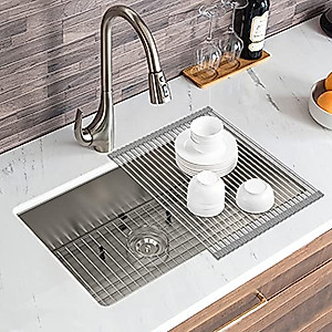 SR SUN RISE 30 Inch Kitchen Sink, Undermount Single Bowl Kitchen Sink, 16 Gague 304 Stainless Steel Sink with Roll Up Dish Drying Drainer & Strainer & Bottom Grid, 30"×18"×10"