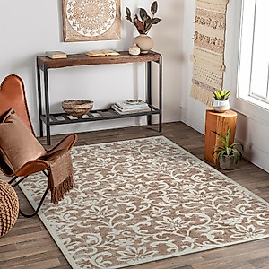 Lukinbox Vintage Floral Washable Area Rug, 3x5 Low Pile Distressed Entryway Rugs, Soft Non Shedding Indoor Throw Rugs for Bedroom Living Room Entry Kitchen Dinning Room, Khaki