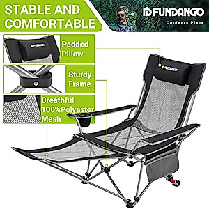 FUNDANGO Reclining Camping Chair with Foot Rest, Portable Folding Reclining Chair, Outdoor Folding Lounge Chairs with Armrest, 64.9X22.8X28.7inches, Black/MediumGrey