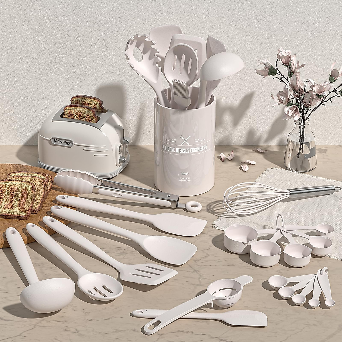 Kitchen Utensils Set, Umite Chef 22Pcs Silicone Cooking Utensils Set, Heat Resistant Silicone Kitchen Spatulas Set with Holder, White Cooking Gadgets Tools Set for Nonstick Cookware, Dishwasher Safe