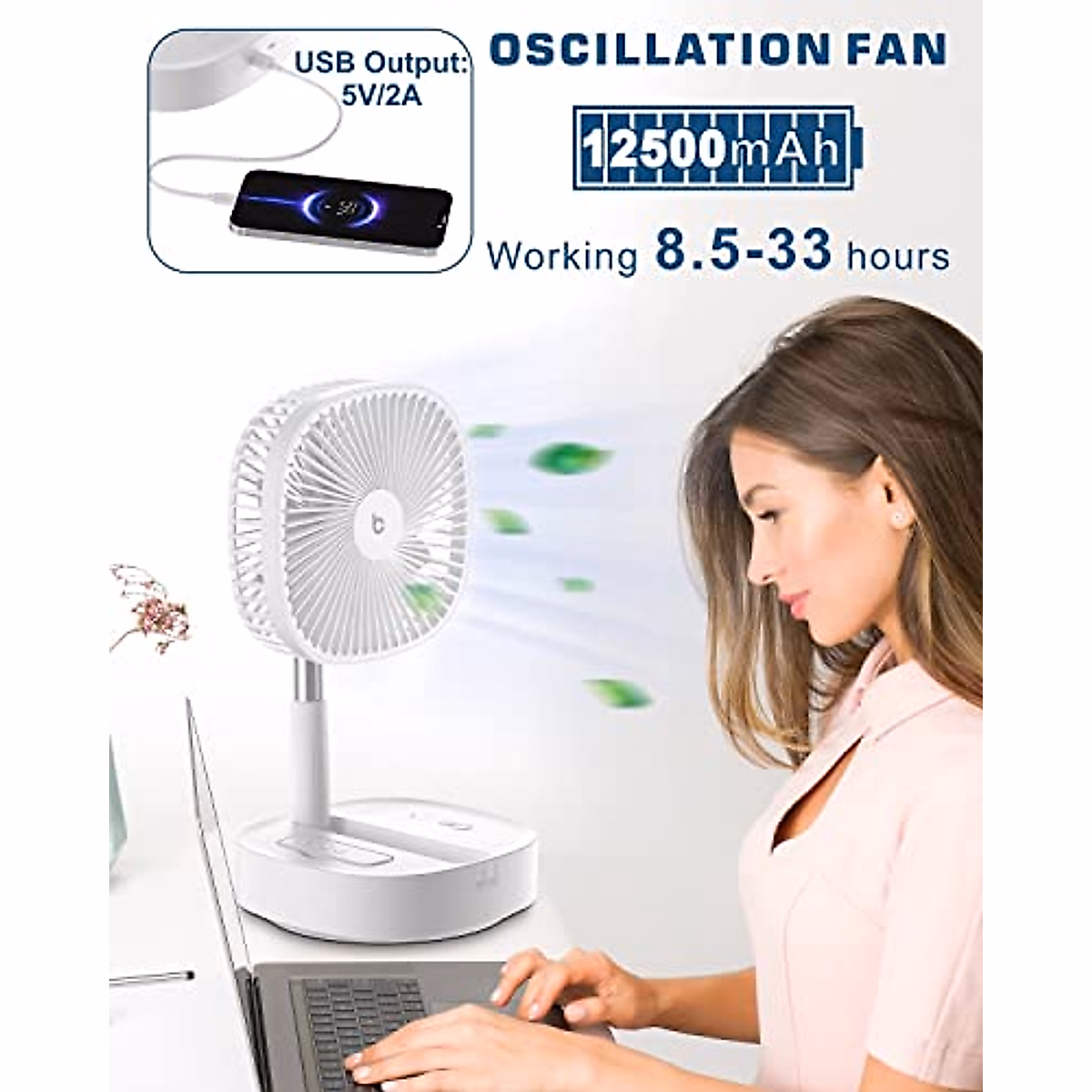 brocoon Desk and Floor Fan, 12500 mAh Portable Folding Rechargeable Fan Adjustable Height 14.6"-40.2", Automatic Oscillating Fan for Office Home Outdoor Camping Travel