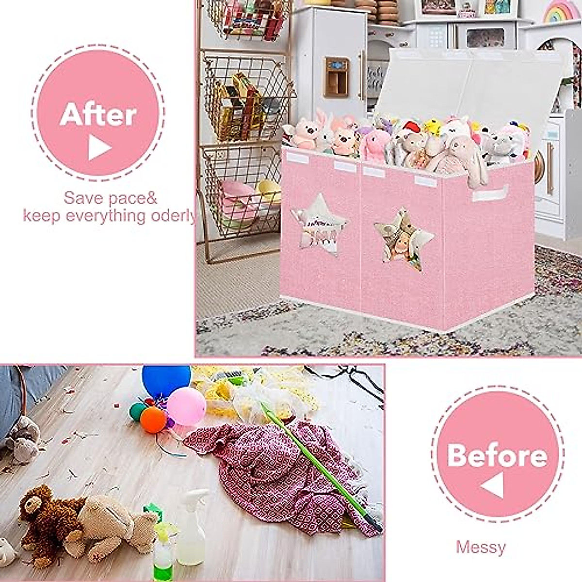 Xmasorme Large Toy Box for Girls, Toy Chest Box Organizer Bins with Star Transparent Windows, Sturdy Handles and Mesh Bag, Foldable Large Size Storage Box for Nursery, Playroom, Bedroom