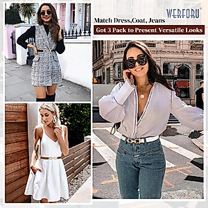 WERFORU 3 Pack Women Ladies Skinny Elastic Waist Belt Gold Buckle Stretchy Thin Belt for Dress Jeans,Black+Brown+White