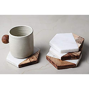 GoCraft Marble & Wood Coasters | Handcrafted Geometric White Marble Coasters with Mango Wood for Your Drinks, Beverages & Wine/Bar Glasses (Set of 4)