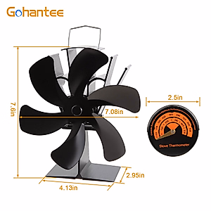 gohantee 6-Blades Fireplace Fan, Heat Powered Stove Fan with Thermometer for The top of Wood Stove, Silent Motors Stove Fan Circulates Warm Heated Air Eco Stove Fan, for Gas/Pellet/Wood/Log Stoves