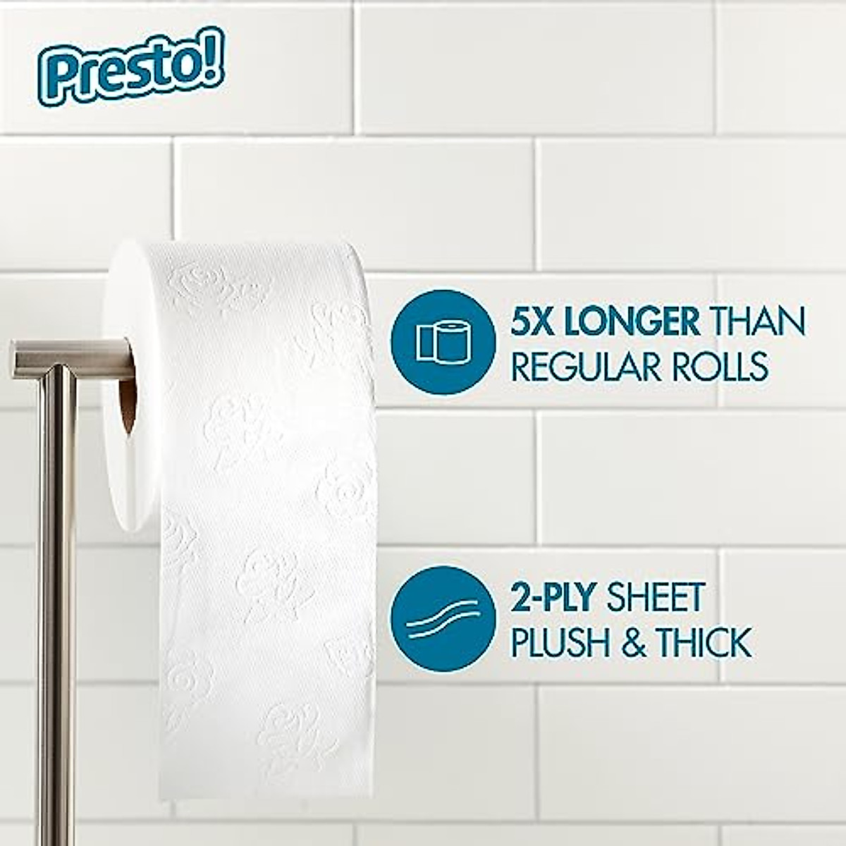 Amazon Brand - Presto! 313 2-Ply Sheet Mega Roll Toilet Paper, Unscented, Ultra-Soft, 12 Rolls (2 Packs of 6), Equivalent to 60 Regular Rolls, White
