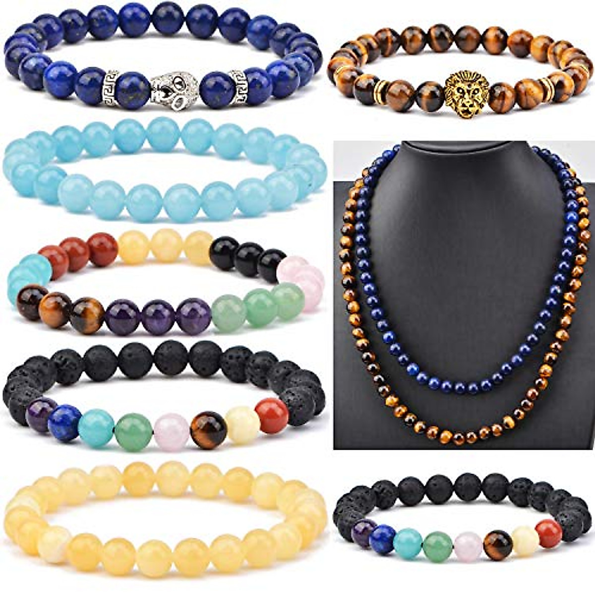 FYGEM Natural Stone Beads 200pcs Mixed 8mm Round Genuine Real Beading Loose Gemstone Hole Size 1mm DIY Charm Smooth Beads for Bracelet Necklace Earrings Jewelry Making (Stone Beads Mix 200pcs, 8MM)