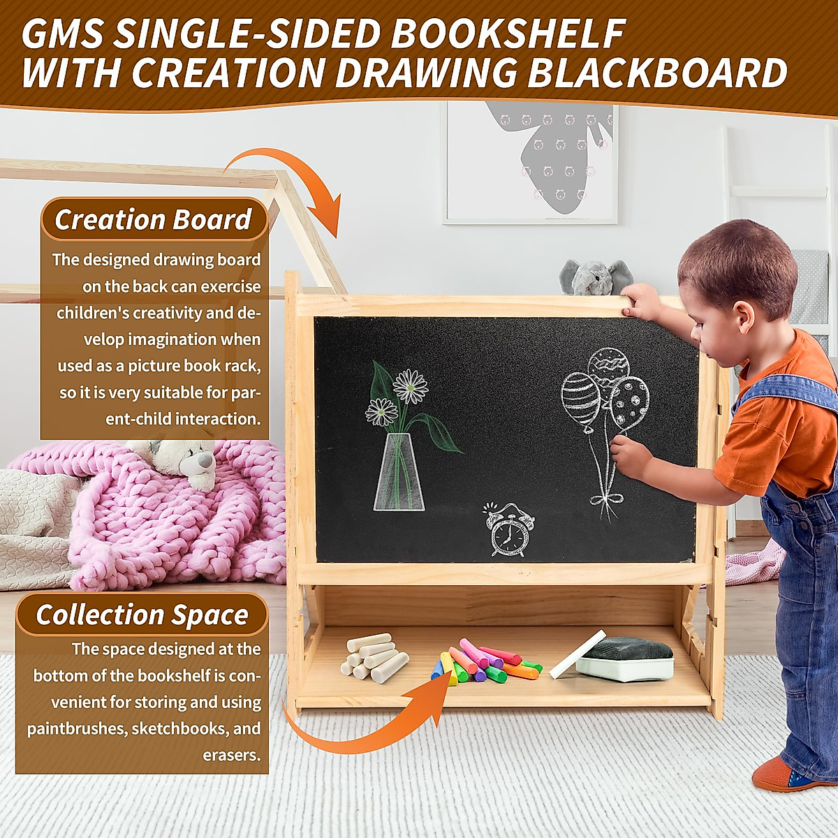 GENMOUS Montessori Bookshelf for Kids Room, Wooden Toddler Bookshelf with Chalkboard, Front-Facing Kids Bookshelf with Handle, Baby Book Shelf Bookcase for Nursery Playroom Classroom Reading Nook
