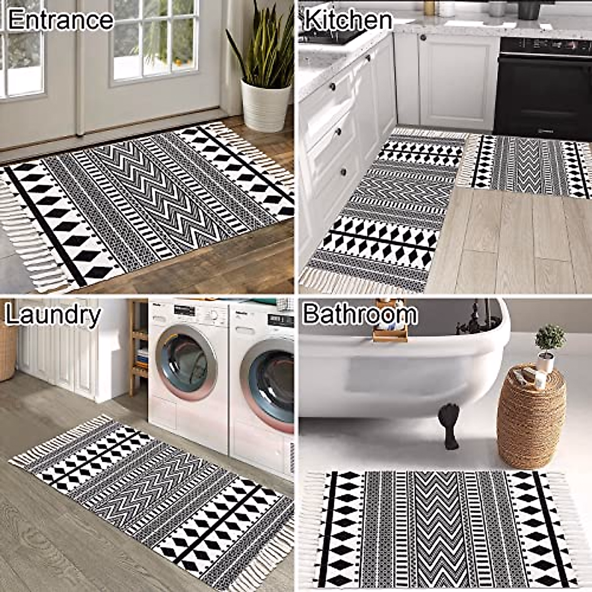 HEBE Cotton Area Rug Set 2 Piece 2'x3'+2'x4.2' Black and Cream Tribal Accent Rug with Tassels Boho Area Runner Rugs Throw Rug for Hallway, Entryway, Bathroom,Kitchen Floor, Laundry Room