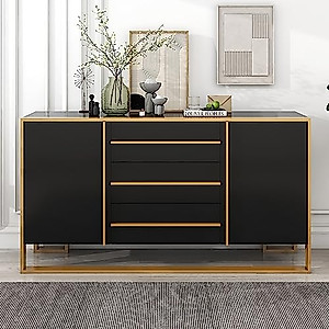 LZ LEISURE ZONE Storage Cabinet, Sideboard Buffet Cabinet with 3 Drawers, Accent Cabinet, Modern Style Sideboard with Large Storage Space and Gold Metal Legs for Living Room and Entryway, Black