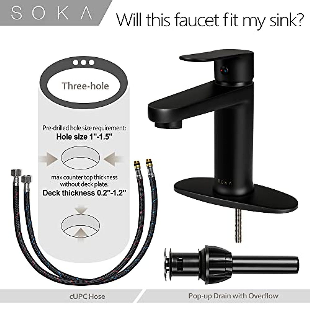SOKA Brass Bathroom Faucet Matte Black Bathroom Sink Faucet Black with Pop-up Sink Drain Stopper & Deck Plate 1 or 3 Hole Bathroom Faucet Single Handle Bathroom Faucet Single Hole RV Bathroom Faucet