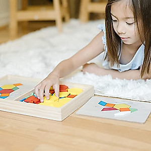 Melissa & Doug Pattern Blocks and Boards - Classic Toy With 120 Solid Wood Shapes and 5 Double-Sided Panels, Multi-colored - STEAM Toy, Wooden Pattern Blocks Animals, Tangrams Puzzle For Kids Ages 3+