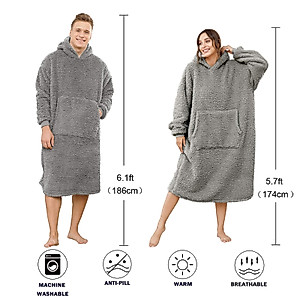 ililmmoe Sherpa Wearable Blanket Oversized Hoodie Sweatshirt TV Blanket with Long Sleeves and Pocket-Gray