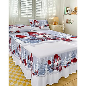 AMZRicher Winter Snowman Wrap Around Pleated Bed Skirts for Twin XL Bed 39x80, Decorative Dust Ruffle Bed Sheet & Bedskirt 18'' Drop Bedspread with Pillow Case 20x30 Christmas Forest Snowy Tree