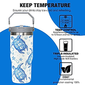 Sea Turtle Gift Tumbler with Handle and Straw, Stainless Steel Vacuum Insulated Flip Straw 30 oz Sea Turtle Tumbler Spill Proof Coffee Travel Mug Sea Turtle Gifts for Women