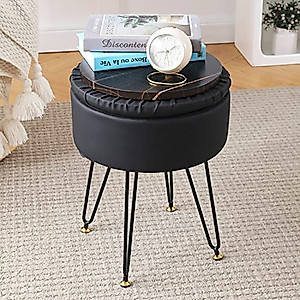 Cpintltr Faux Leather Storage Ottoman Round Footrest Stool Multifunctional Upholstered Ottoman with Metal Legs Modern Vanity Stools Tray Top Coffee Table Suitable for Living Room Bedroom Black