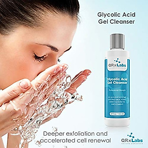 QRxLabs Glycolic Acid Face Wash - Exfoliating Gel Cleanser, Best for Wrinkles, Lines, Acne, Spots & Chemical Peel Prep - Reduces Shaving Bumps and Ingrown Hair - 6 fl oz