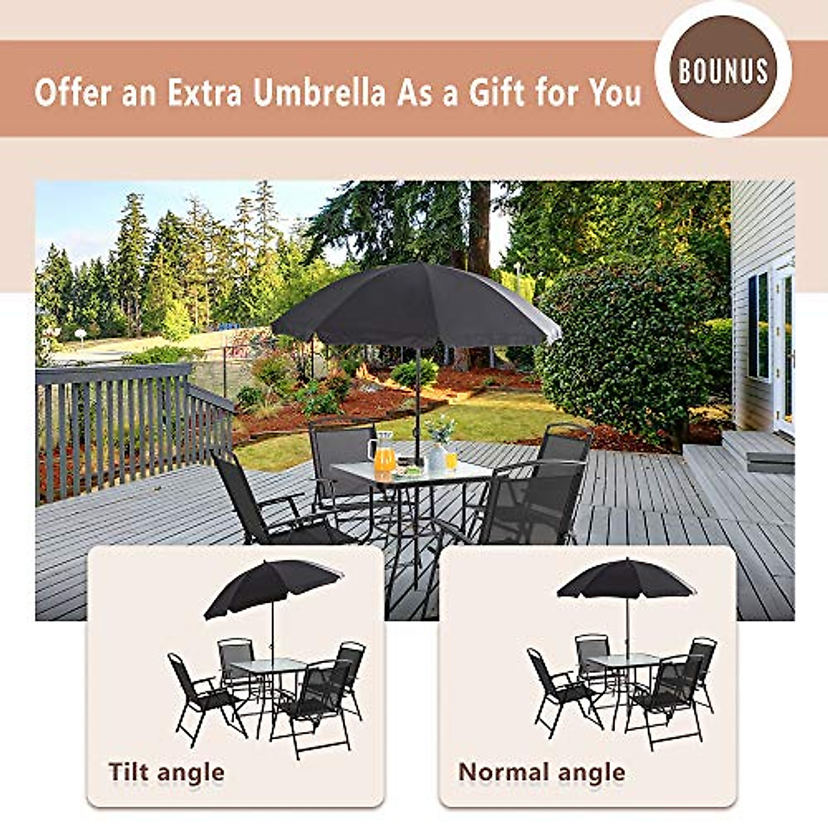 Vongrasig 6 Pieces Folding Patio Dining Set, All Weather Small Metal Outdoor Table and Chair Set, Garden Patio Furniture Set w/Umbrella, Glass Table & 4 Folding Chairs for Lawn, Deck, Backyard, Black