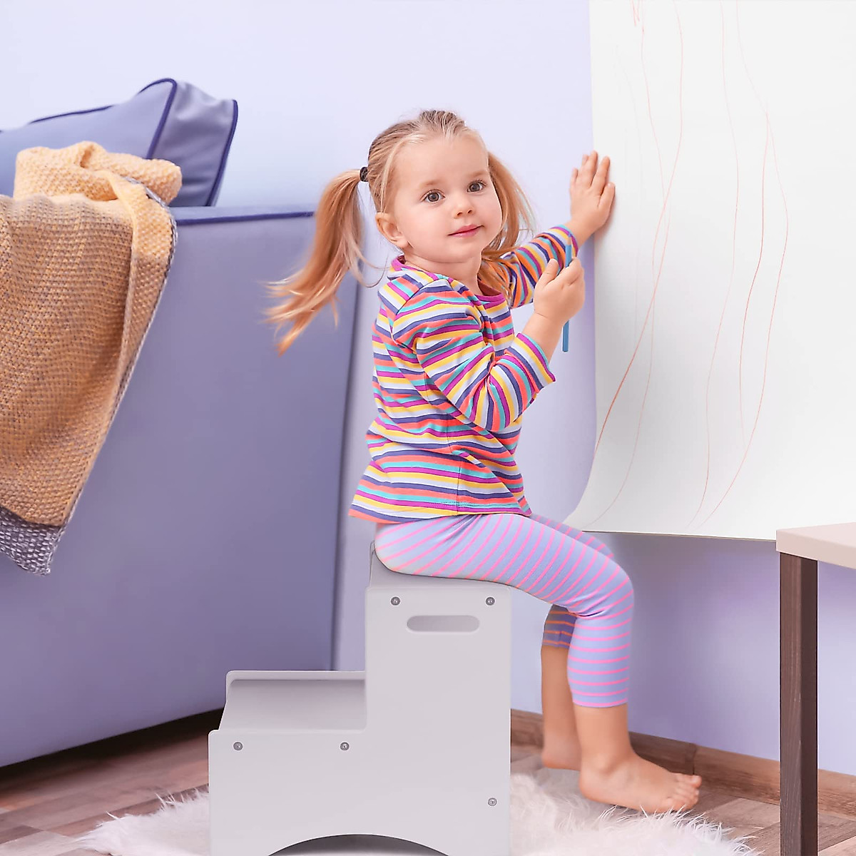 COSYLAND Toddler Two Step Stool, Kitchen Stool Bathroom Potty Stool, Children's Stool Nursery Helper Standing Tower Stepping Stool (White)