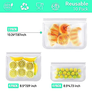 WATOTGAFER Reusable Food Storage Bags, 10 Pack BPA Free Reusable Freezer Bags, Extra Thick Leakproof Food Grade Silicone Lunch Food Bags for Meat Veggies 2 Gallon Bags 4 Sandwich Bags 4 Snack Bags