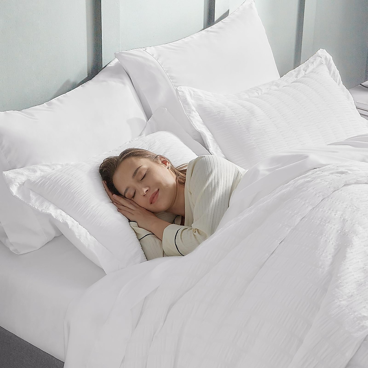 CozyLux Twin Bed in a Bag White Seersucker Textured Comforter Set with Sheets 5-Pieces for Girls and Boys - Bedding Sets with Comforter, Pillow Sham, Flat Sheet, Fitted Sheet, Pillowcase