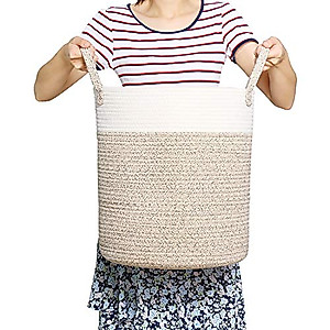 Woven Cotton Rope Basket, Tall Laundry Blanket Storage Basket with Built-in Sturdy Handles, Baby Nursery Bin for Home Decor and Organizing