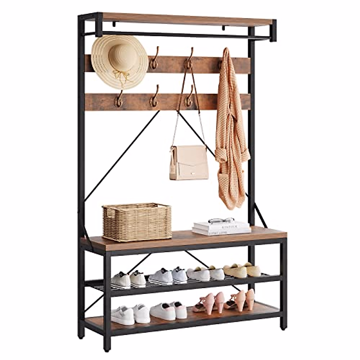 coucheta Industrial Storage Shoe Bench, 72" Mudroom Hall Tree with 8 Hanging Hooks, Rustic Brown
