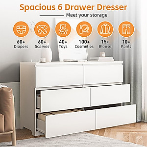 UZUGUL White Dresser for Bedroom, 48'' Modern 6 Drawer Dresser with Deep Drawer,Storage Chest of Drawer, Wood Dresser,Bedroom Dresser Furniture,TV Dresser for Living Room