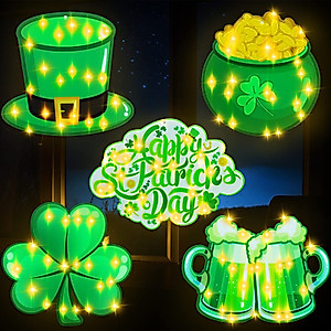 5 Pcs St. Patrick's Day Window Lights Decorations Lighted Shamrock Window Silhouette Light up Holiday Displays St. Patrick's Sign Hanging Ornaments for Indoor Outdoor Decor Wall Door Fireplace