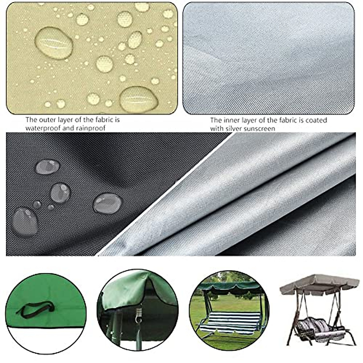 QYCSL Patio Swing Canopy Cover 2 Or 3 Seater Sizes Waterproof Outdoor Swing Seat Chair Awning Sun Shade Roof Windproof Anti-Uv Garden Hammock Replacement Canopy Set,Brown,195x125x15cm/77x49x6''