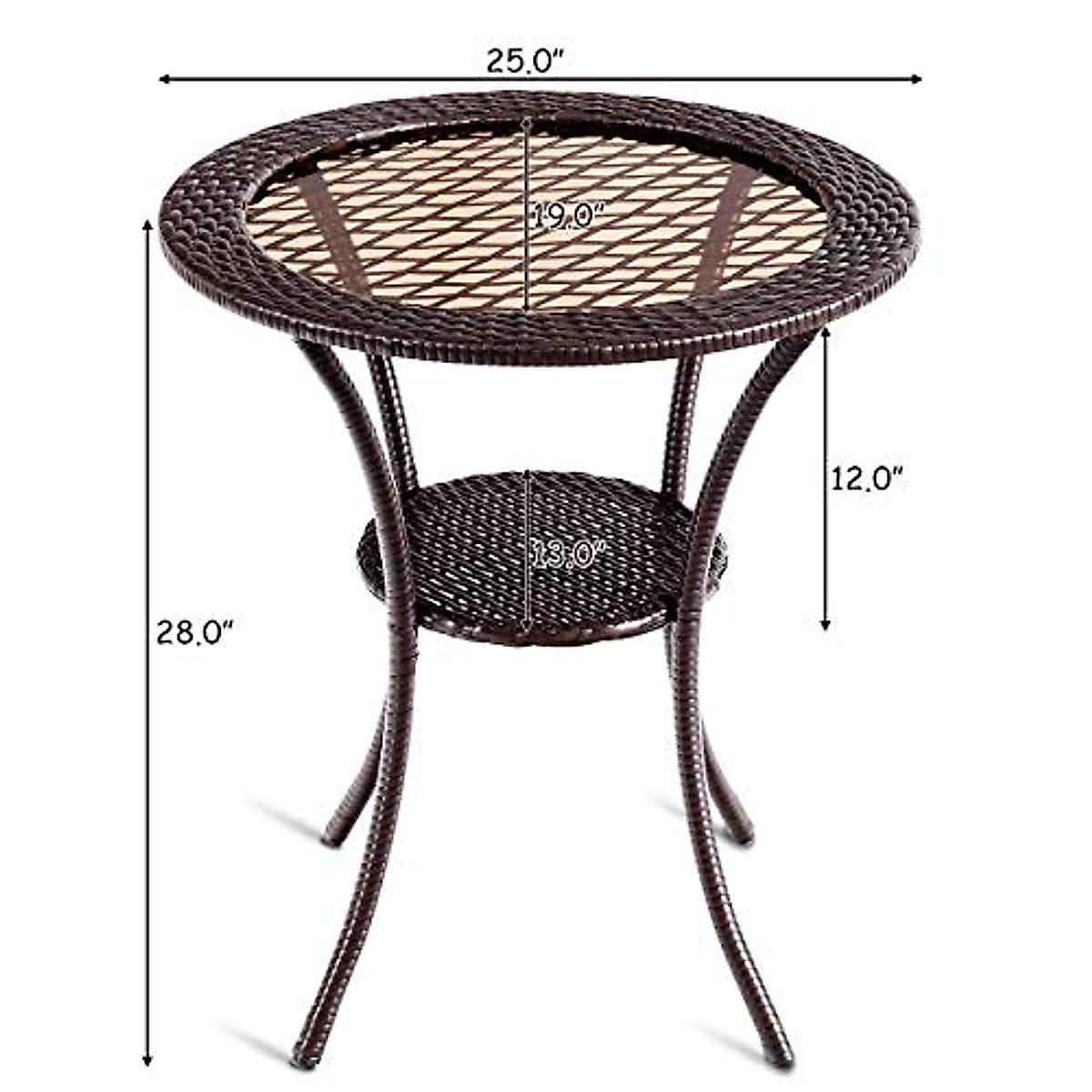 Tangkula 25 inch Patio Wicker Coffee Table Outdoor Backyard Lawn Balcony Pool Round Tempered Glass Top Rattan Steel Frame Side Table Furniture W/Storage Shelf, Brown