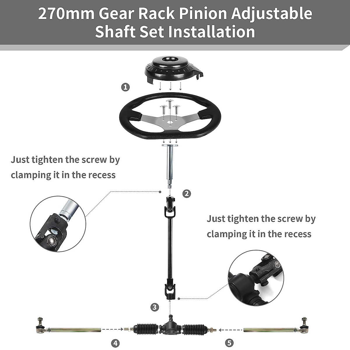 270mm Front Steering Wheel Tie Rod Gear Rack Pinion Shaft Kit Fit for ATV Go Kart Quad Trike