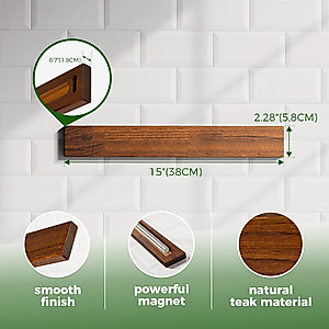 Utoplike Teak Magnetic Knife Strip, Magnet Knife Holder 15" Wall Mounted with Strong Continuous Magnet, No Drilling Required, Organizes Knives, Keys, Utensils for Kitchen
