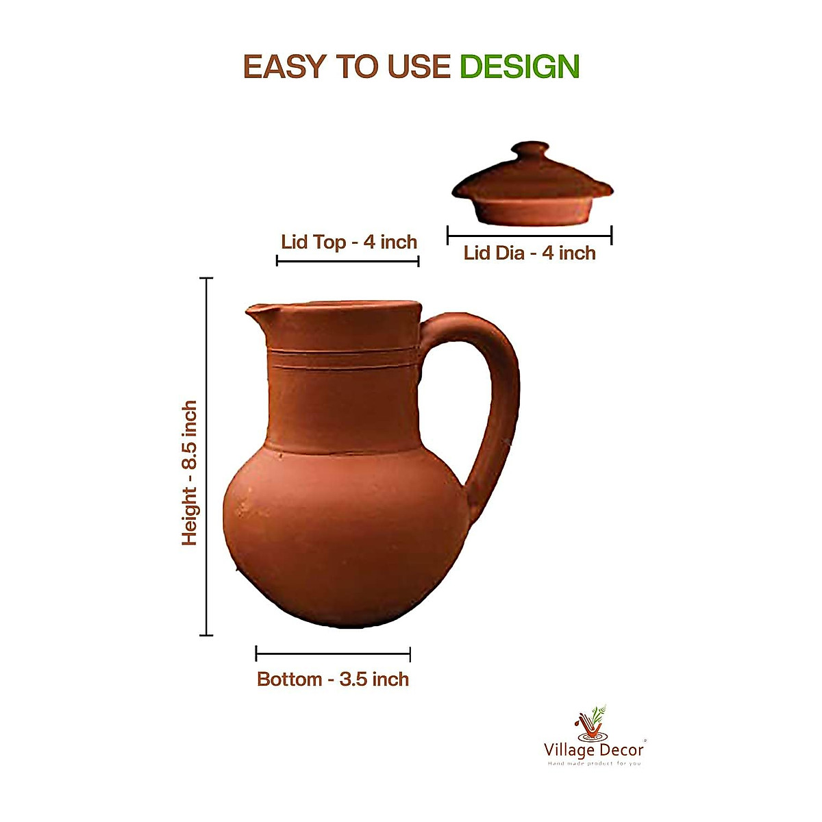 Village Decor Handmade Clay Water Jug With Lid | Carafes Pitcher Capacity 67 oz 2000 ml.