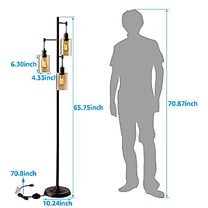 LEONLITE Farmhouse Floor Lamp for Living Room, Industrial Tree Standing Lamp with 3 Amber Glass Shades & Incandescent Bulbs, Rustic Vintage Tall Pole Light with Metal Base for Bedroom Office Study