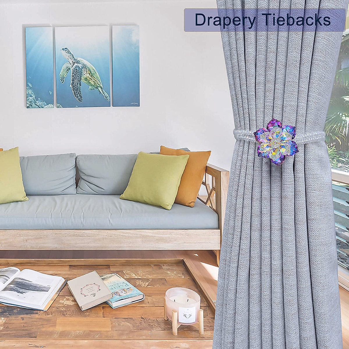 Magnetic Curtain Tiebacks, Crystal Flower Curtain Drapery Holdbacks with Crystal Beads Rope Window Curtain Decorative for Home Office Decor (Purple)