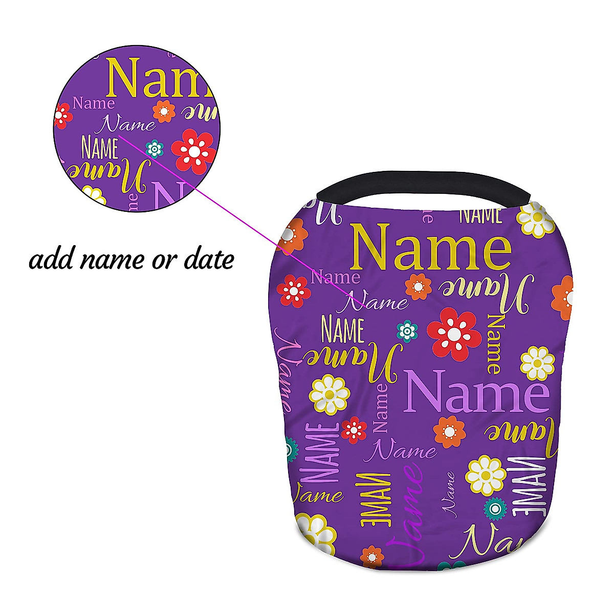 Colorful Flowers Purple Personalized Baby Car Seat Covers with Name, Custom Nursing Cover Breastfeeding Scarf Soft Breathable Stretchy Coverage, Infant Stroller Cover for Boys Girls