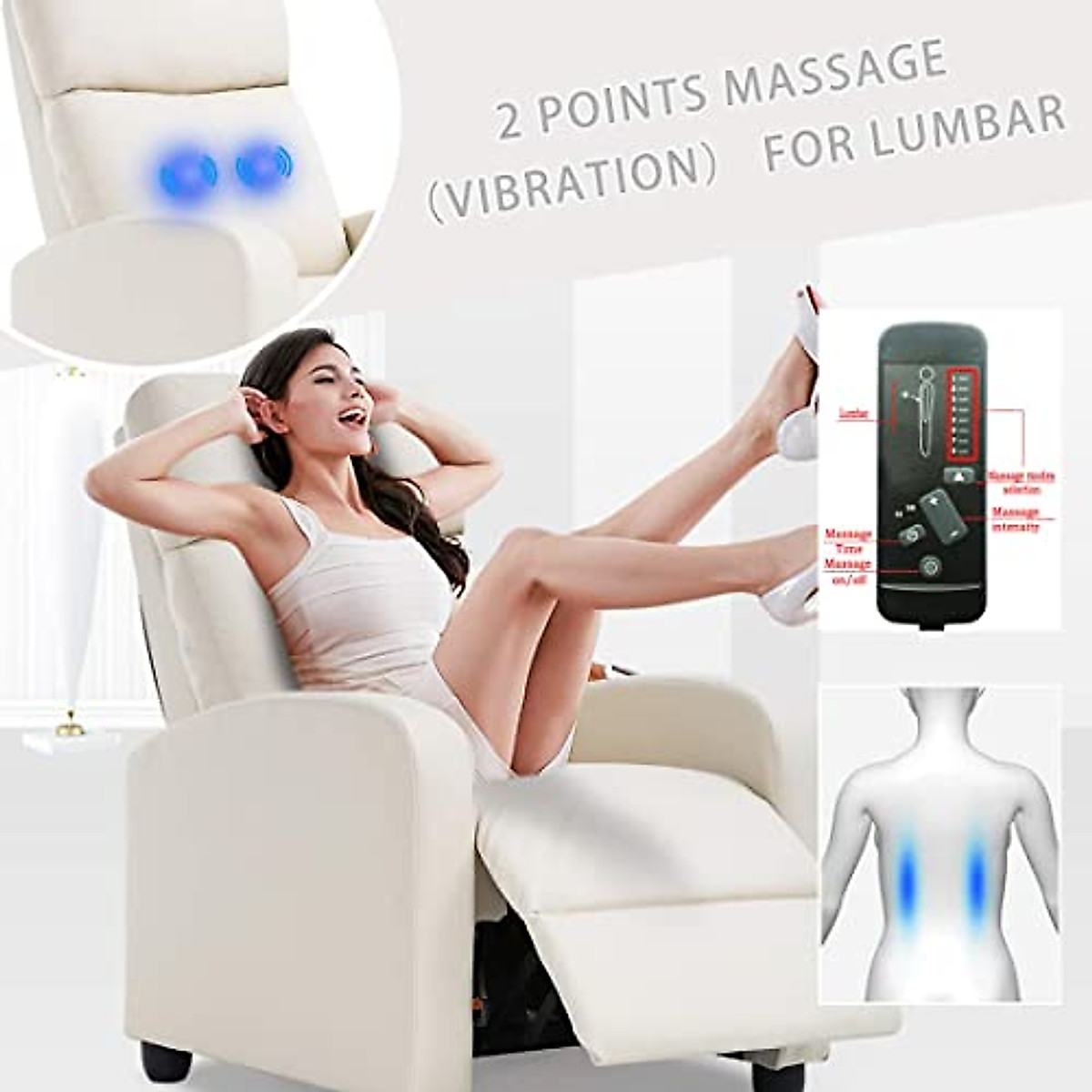 TYNB Lazy Boy Recliner, Massage Recliner with PU Leather Padded Seat Backrest Recliner Chair for Living Room Sofa Reading Chair Home Theater Seating Modern Reclining Chair Easy Lounge, Beige