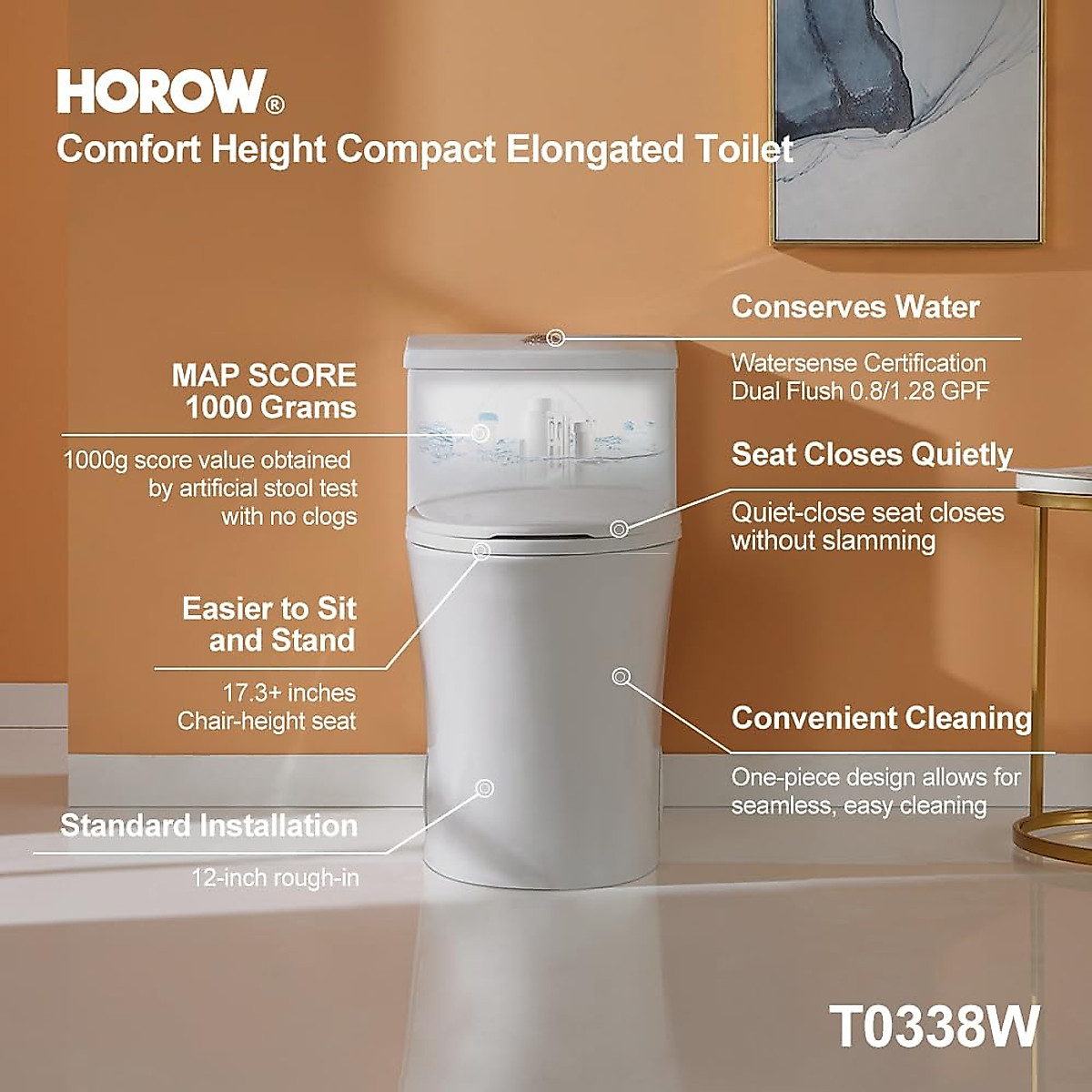 HOROW T0338W Compact One Piece Toilet with Comfort Chair Seat ADA Height 17.3", Elongated Dual Flush 0.8/1.28 GPF and MAP 1000g, Standard White Toilet Bowl